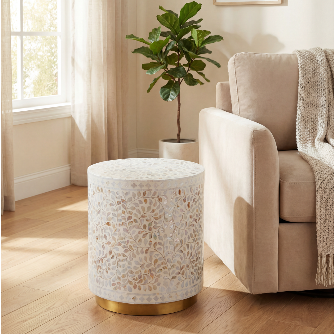 Iris Side Table – White Mother of Pearl Inlay | Tabeer Homes